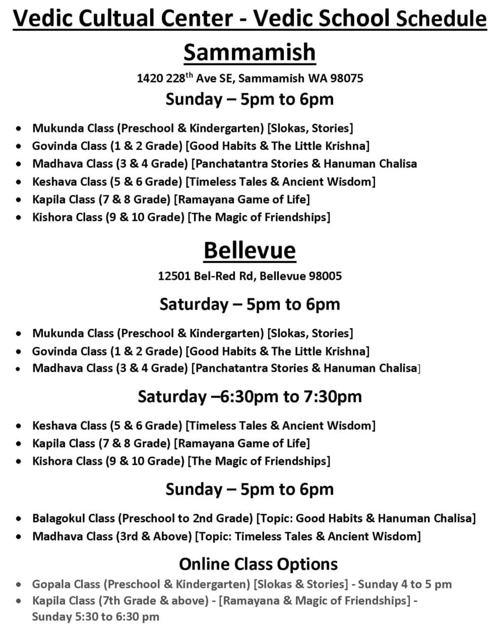 Sunday Vedic School | Vedic Cultural Center